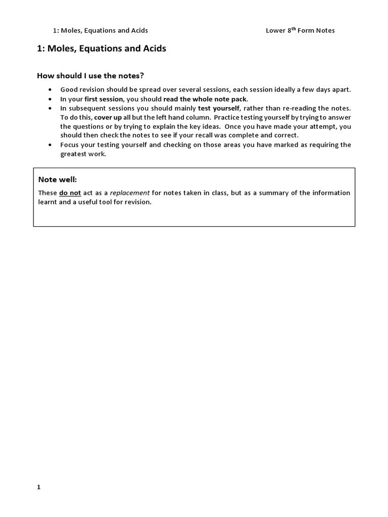 01 - Moles, Equations & Acids CORNELL | PDF | Mole (Unit) | Acid