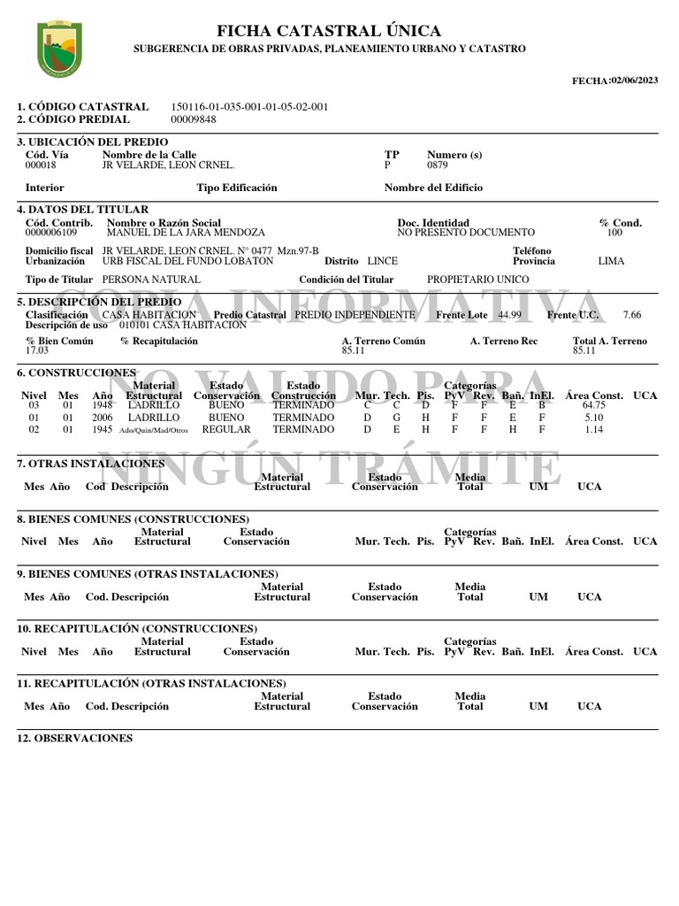 Ficha Catastral Unica | PDF