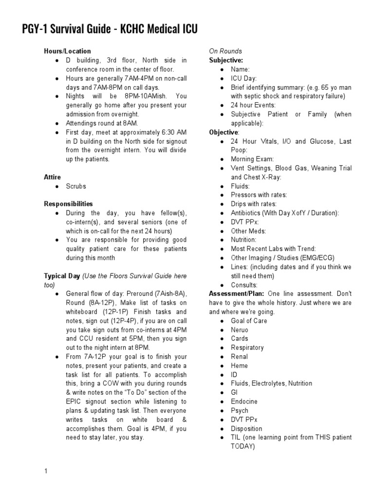 PGY 1 Survival Guide MICU 1 | PDF | Intensive Care Unit | Health Care