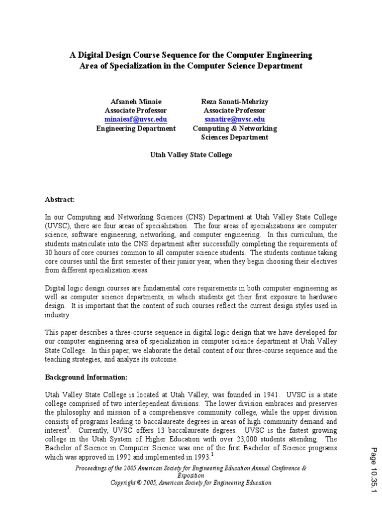 A Digital Design Course Sequence For The Computer Engineering Area of ... A Digital Design Course Sequence For The Computer Engineering Area of ...