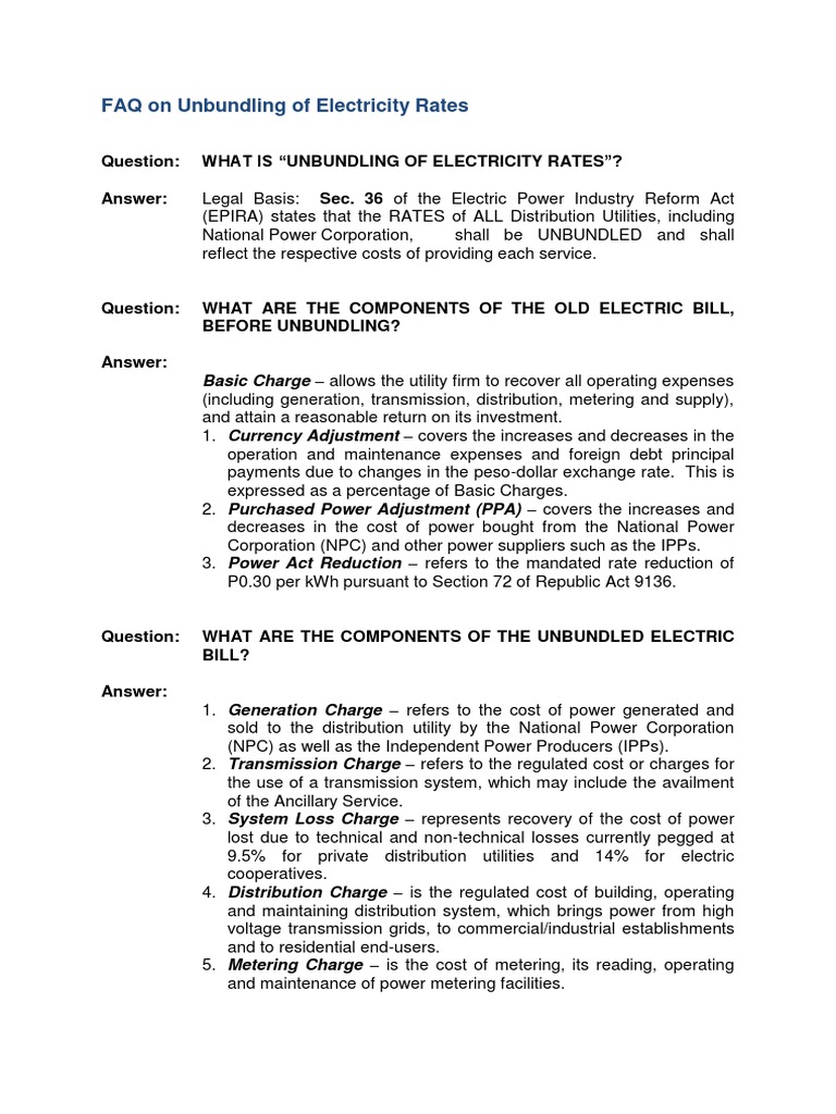 FAQ On Unbundling of Electricity Rates | PDF | Public Utility ...