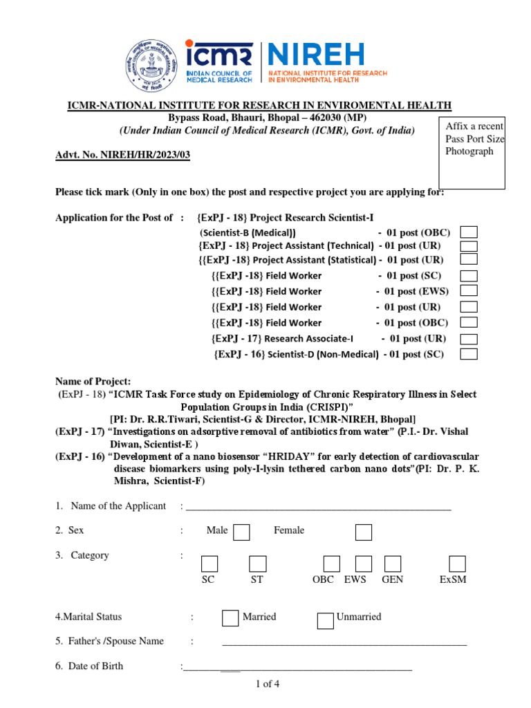 ICMR-NIREH Job Application Form | PDF