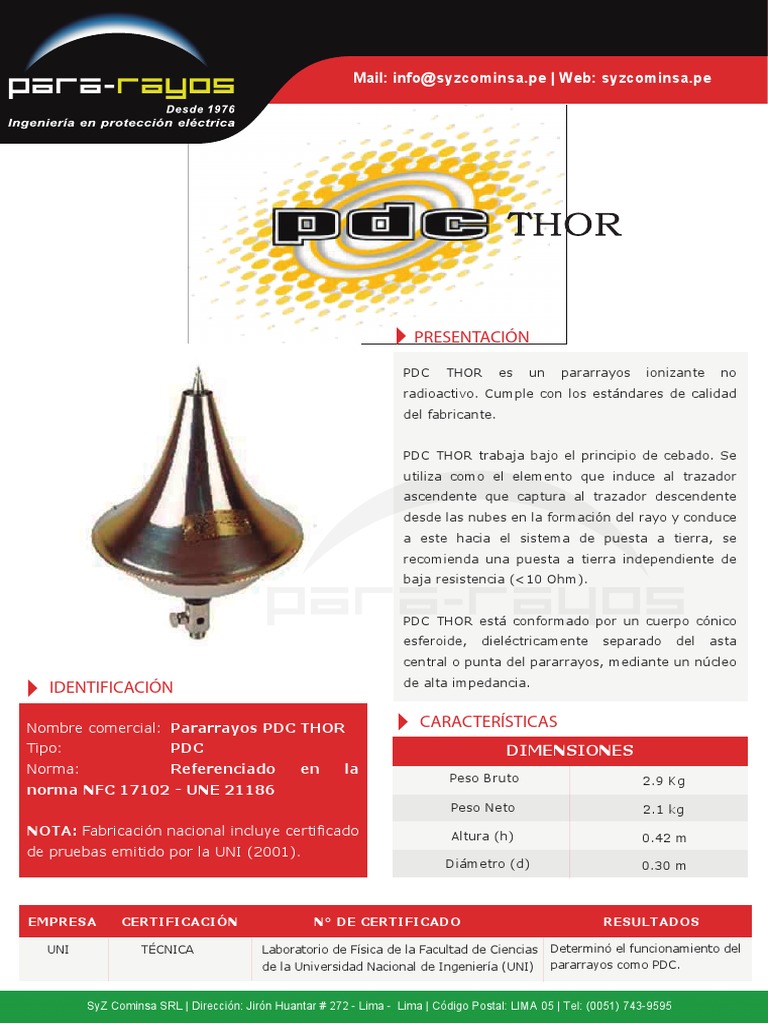 Pararrayos Tipo PDC Thor Ficha Tecnica | PDF | Electromagnetismo | Electricidad