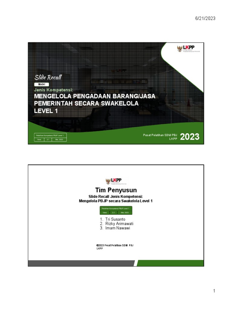 Microsoft PowerPoint - 05 - Slide Recall Modul Mengelola PBJP Secara Swakelola Level 1 V3 | PDF