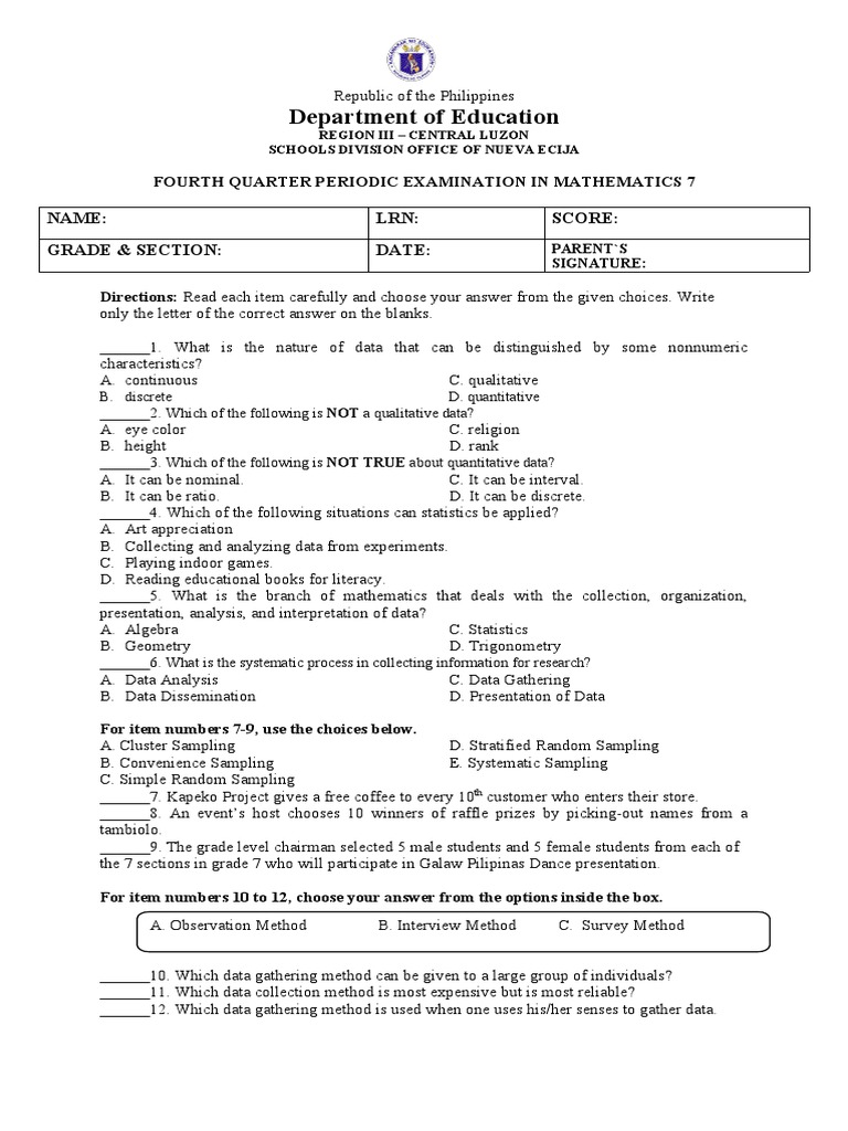 G7 Math 7 Exam 4th | PDF | Median | Sampling (Statistics)