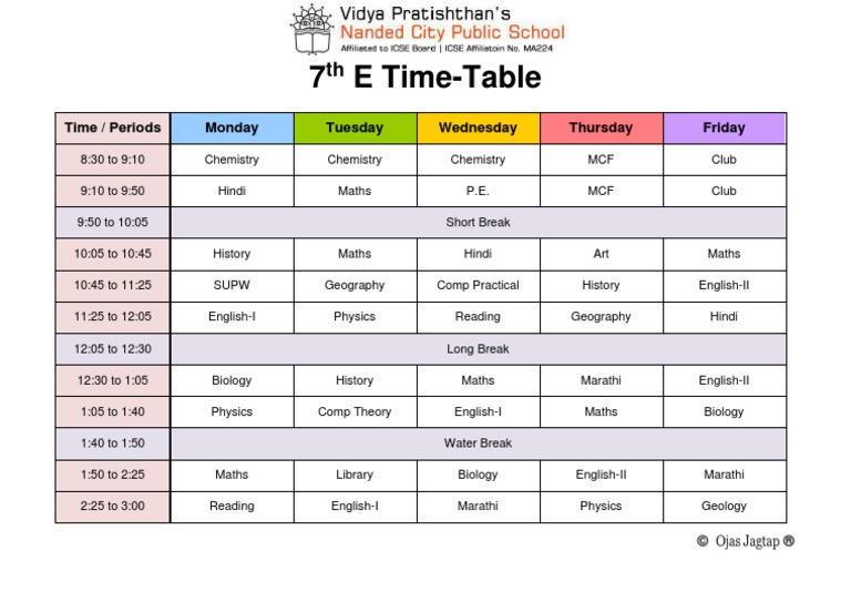 Timetable 7E VPNCPS | PDF