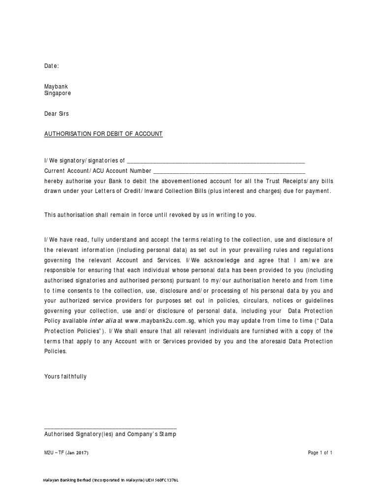 Bank Authorization Letter To Debit Example | PDF