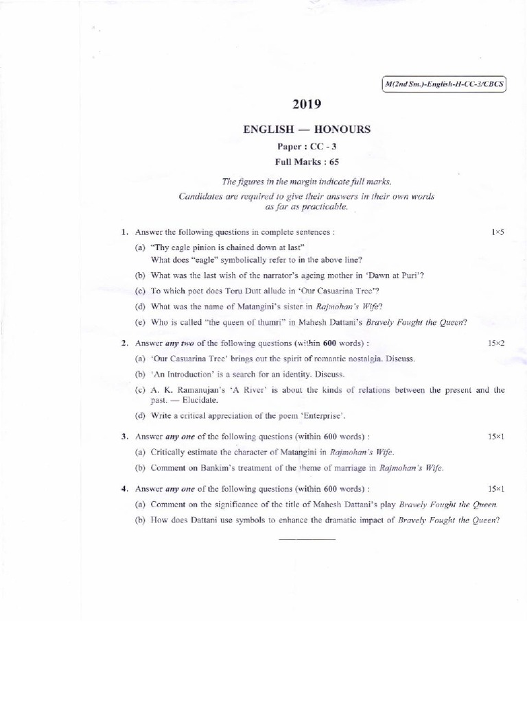 CU-2019 B.A. (Honours) English Semester-II Paper-CC-3 QP | PDF