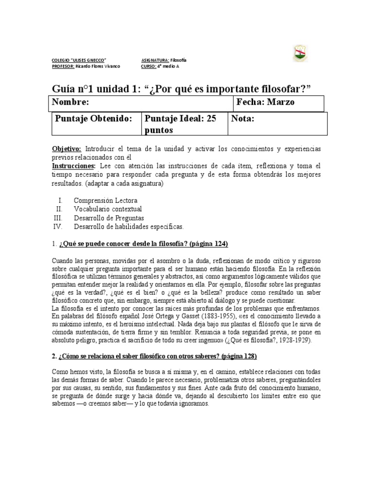 Guia N°1 Unidad 1 Filosofia 4° Medio Cug 2023 | PDF | Conocimiento | Metafilosofía