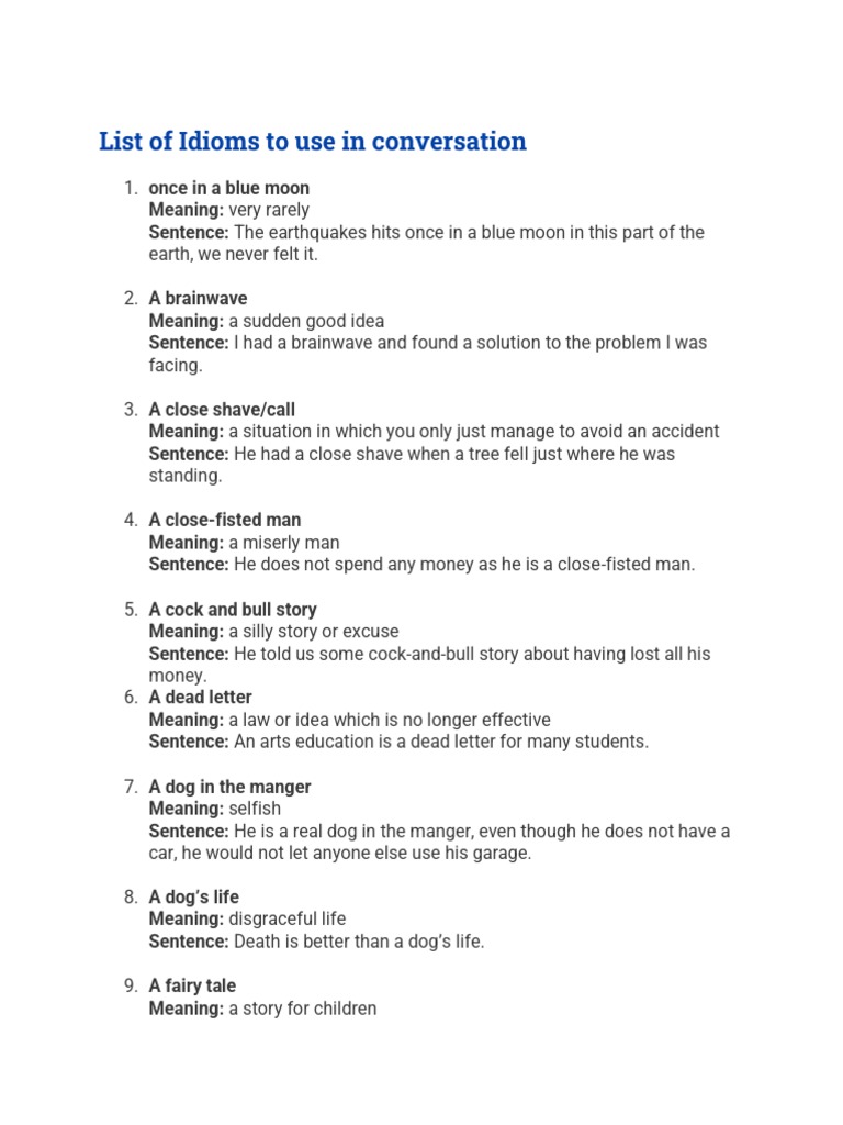 List of Idioms To Use in Conversation | PDF | Luck