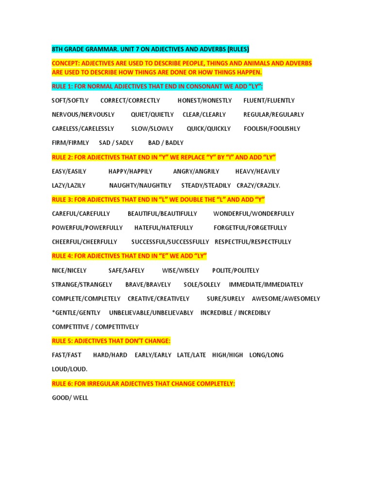 8th Grade 2023 Grammar Adjectives and Adverbs | PDF | Adverb | Adjective