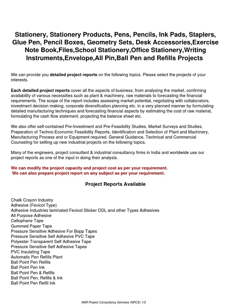 Stationery Project Reports & Consultancy | PDF | Pen | Entrepreneurship