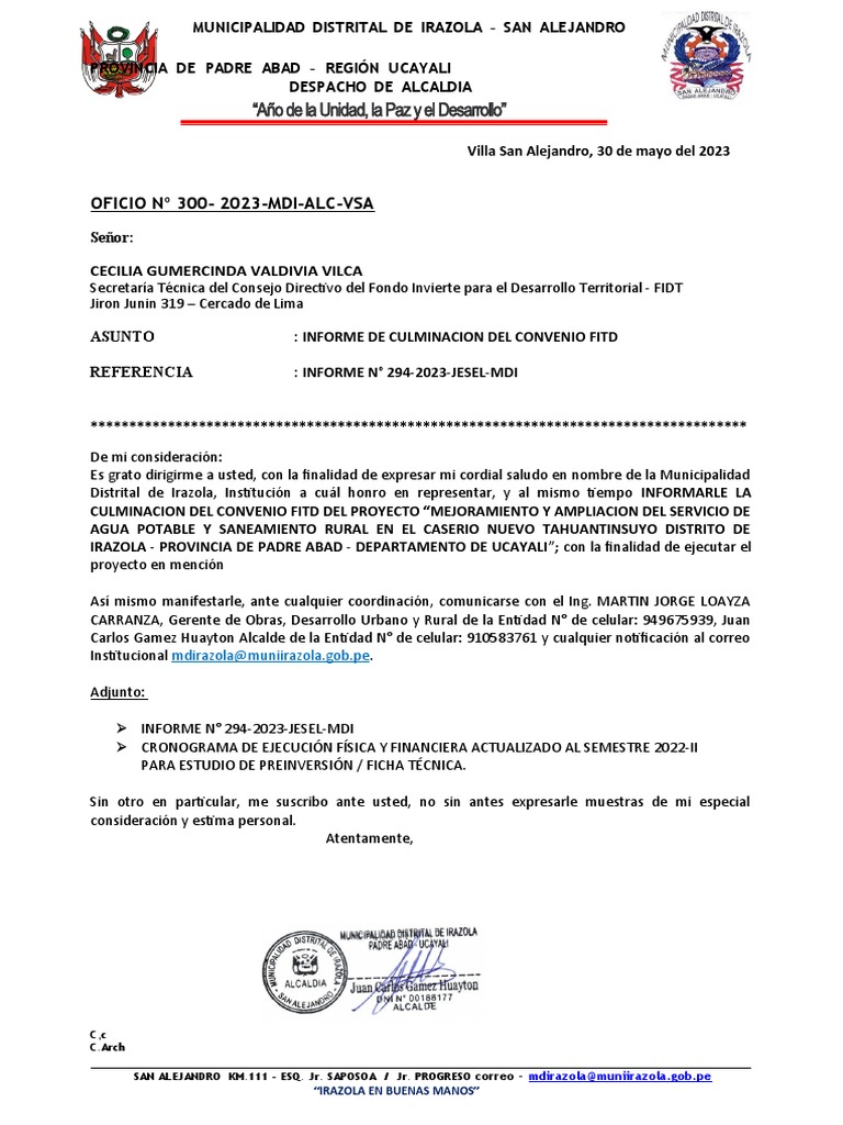 Oficio #300 Informe de Culminacion de Convenio | PDF