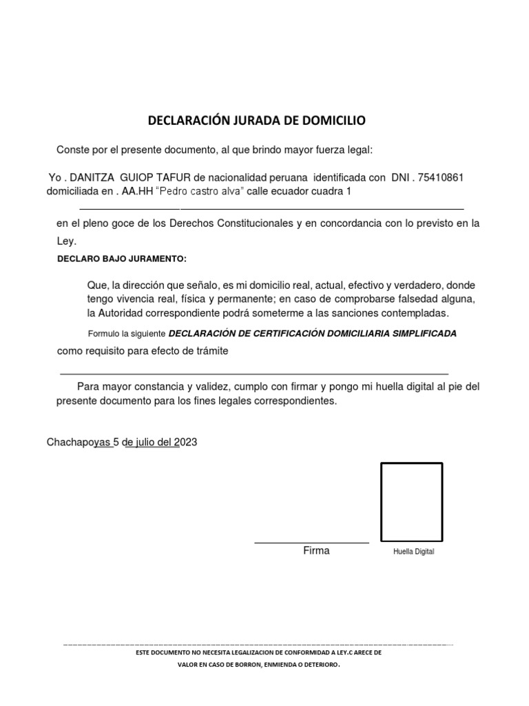 Formato Declaracion Jurada Domicilio PDF | PDF
