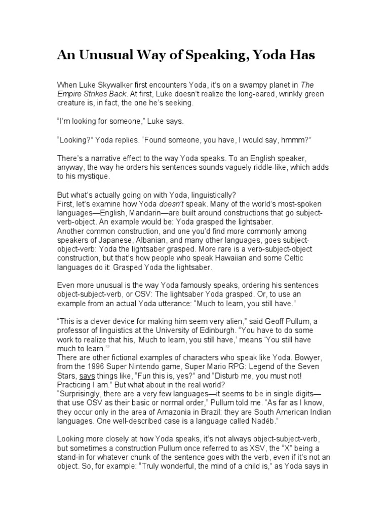 An Unusual Way of Speaking Yoda Has | PDF | English Language | Subject ...