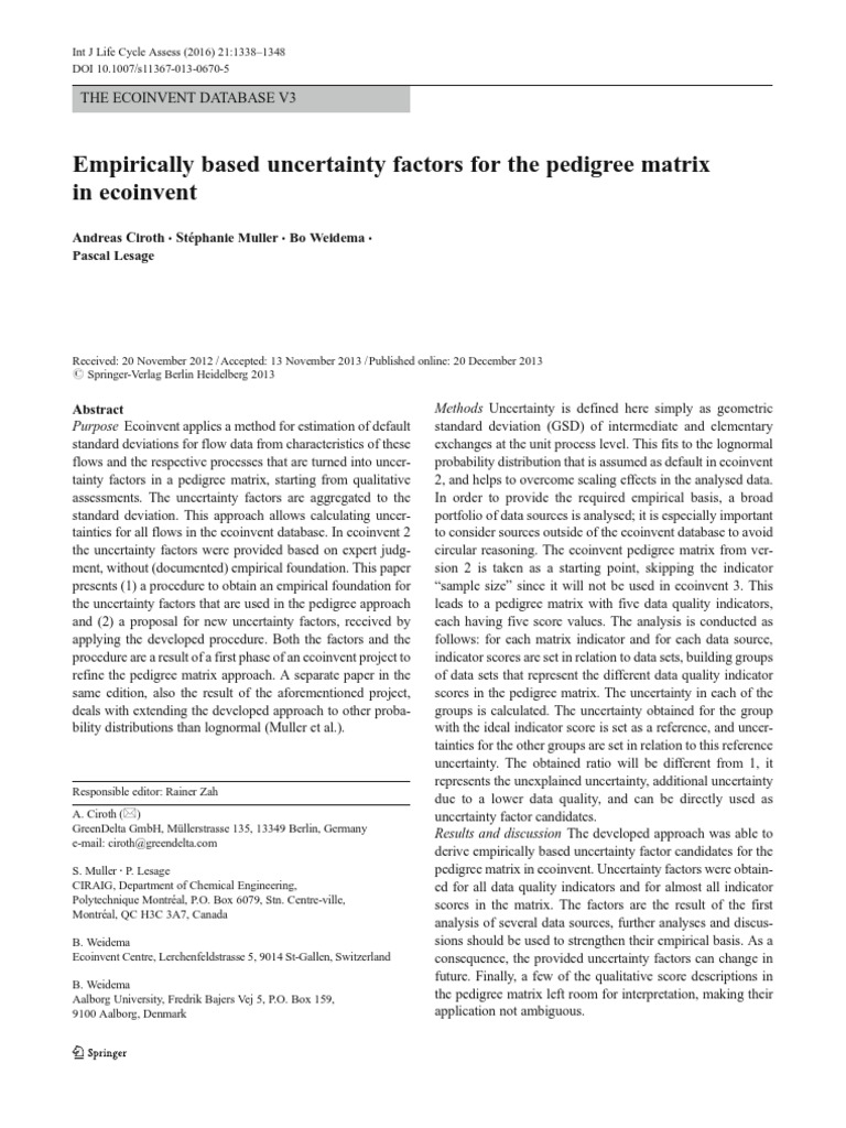 Empirically Based Uncertainty Factors For The Pedigree Matrix in Ecoinvent | PDF | Life Cycle ...