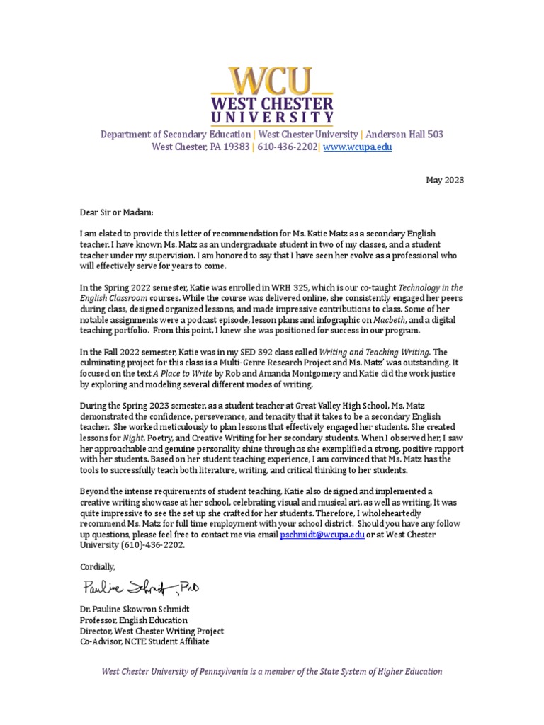 Recommendation for Katie Matz | PDF | Teachers | Learning