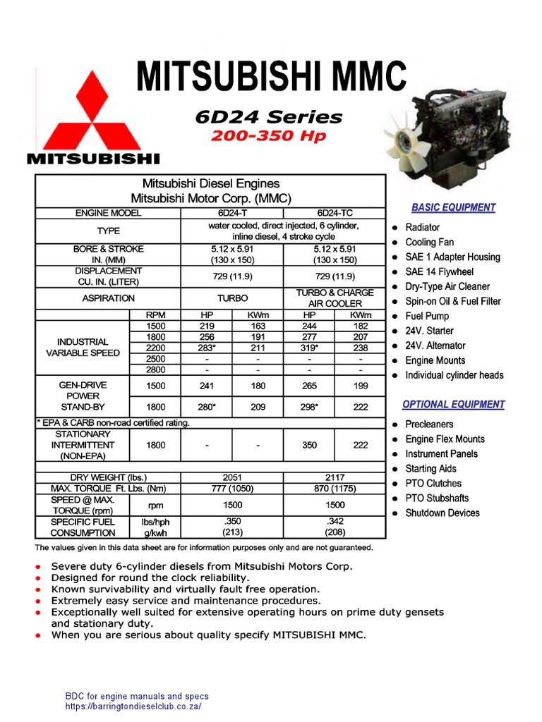 Mitsubishi 6d24 Spec Sheet | PDF | Horsepower | Diesel Engine