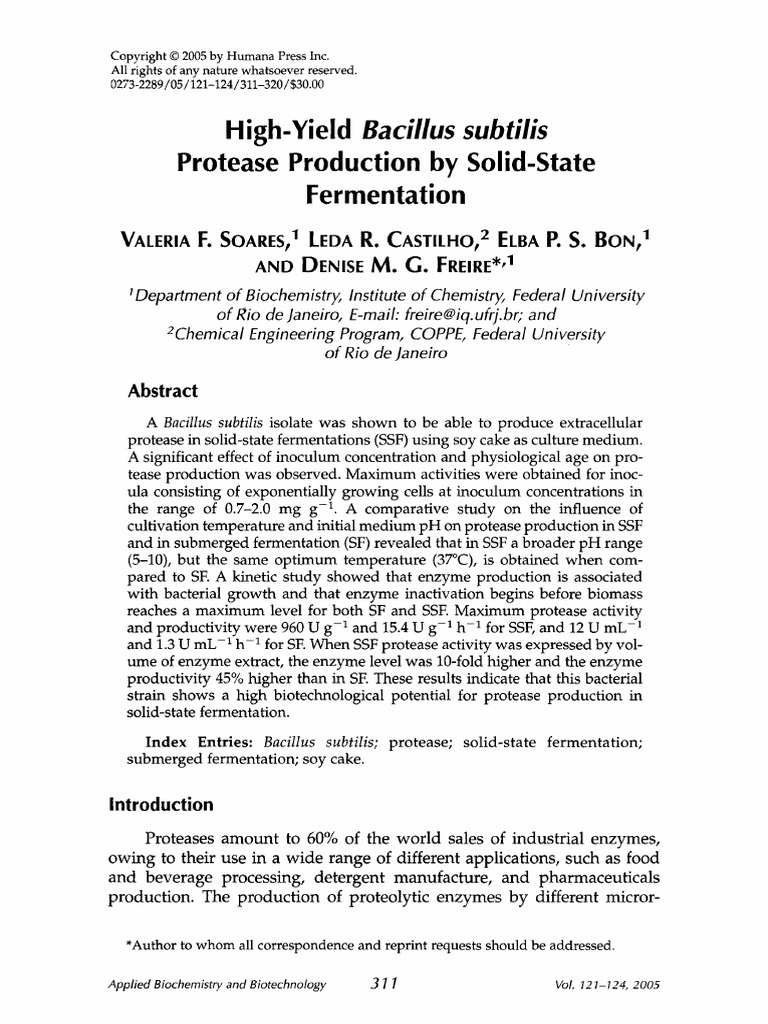 Highyield Bacillus Subtilis Protease Production By Solidstate Fe Pdf Bacillus Ph