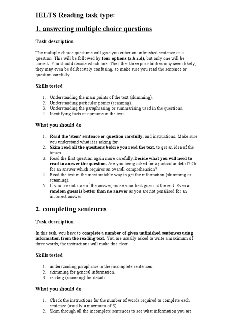 IELTS Reading Task Type: 1. Answering Multiple Choice Questions | PDF ...