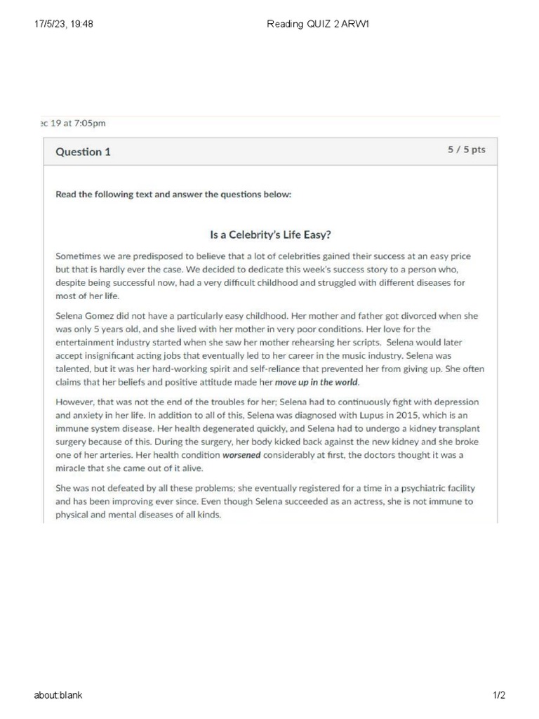 Reading QUIZ 2 ARW10 Celebrity | PDF