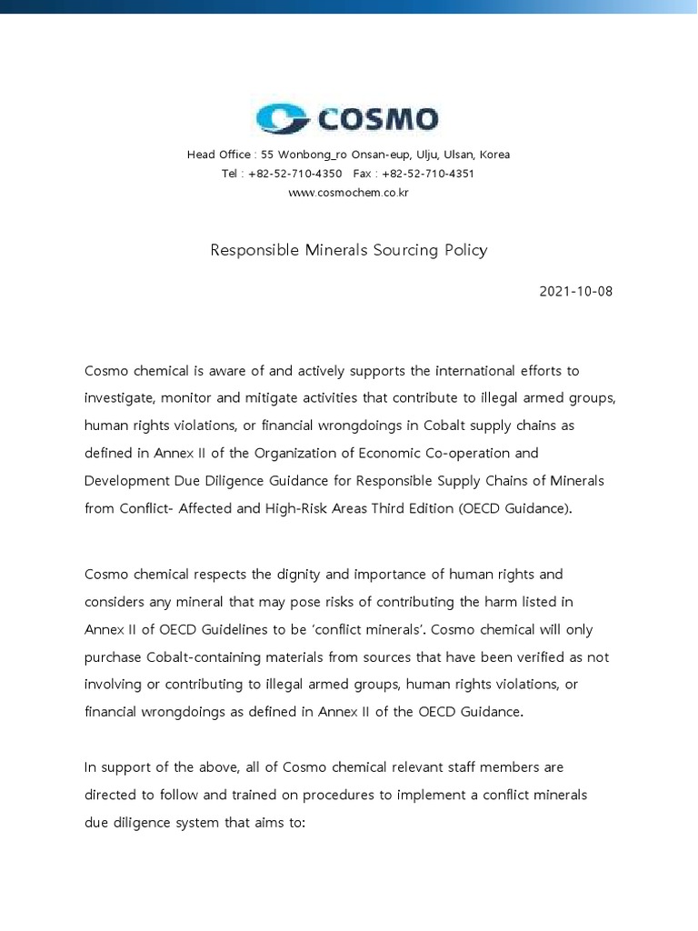 Responsible Minerals Sourcing Policy 영문 | PDF | Supply Chain | Due ...