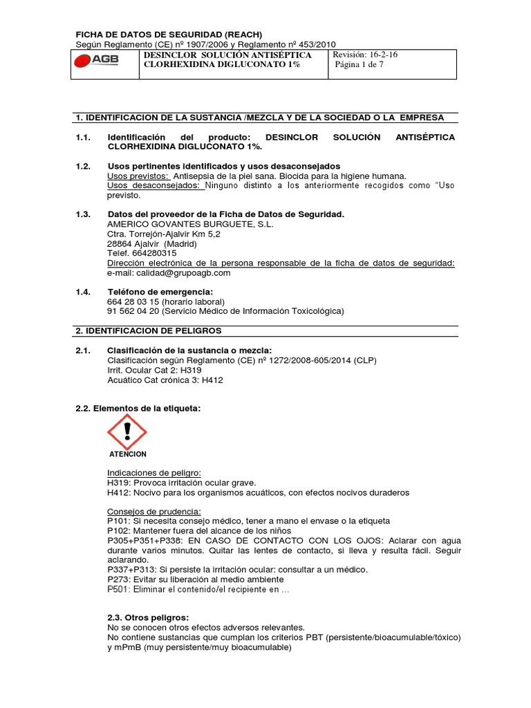 Fds Clorhexidina Gluconato 1% | PDF | Toxicidad | Residuos