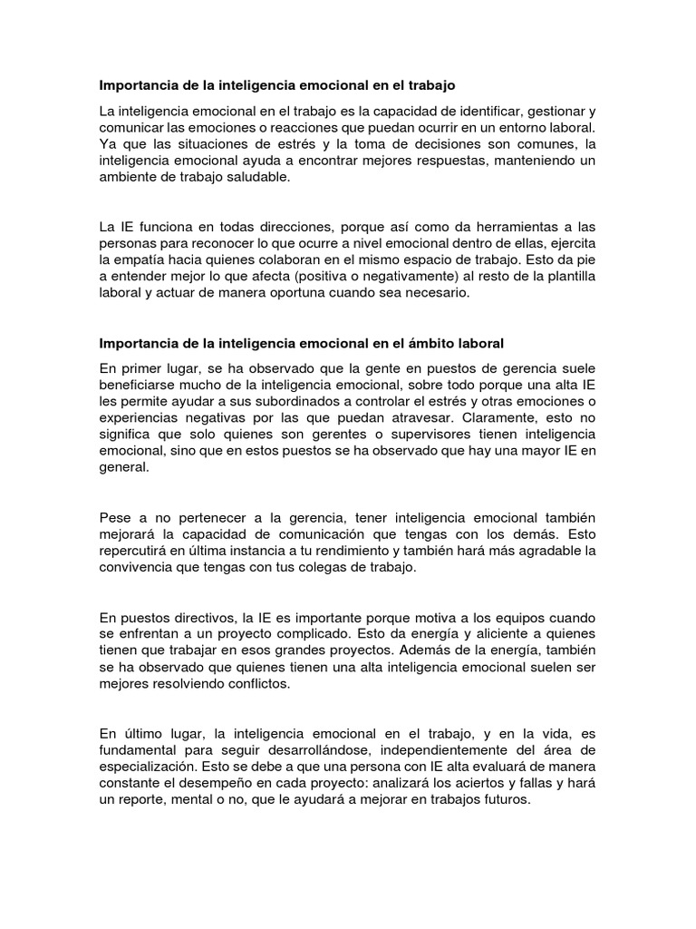 Importancia De La Inteligencia Emocional En El Trabajo Pdf Las
