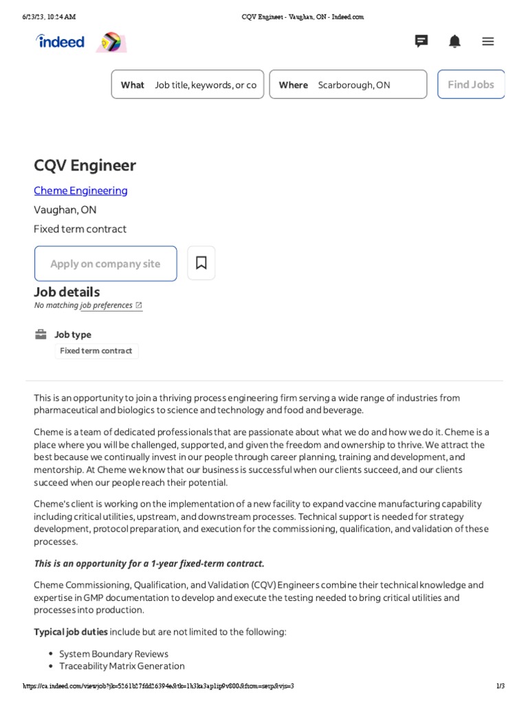CQV Engineer Job in Vaughan, ON | PDF | Chemical Engineering | Engineering