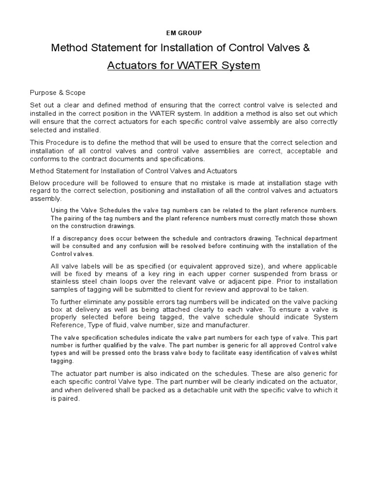 Method Statement For Installation of Control Valves | PDF | Valve ...