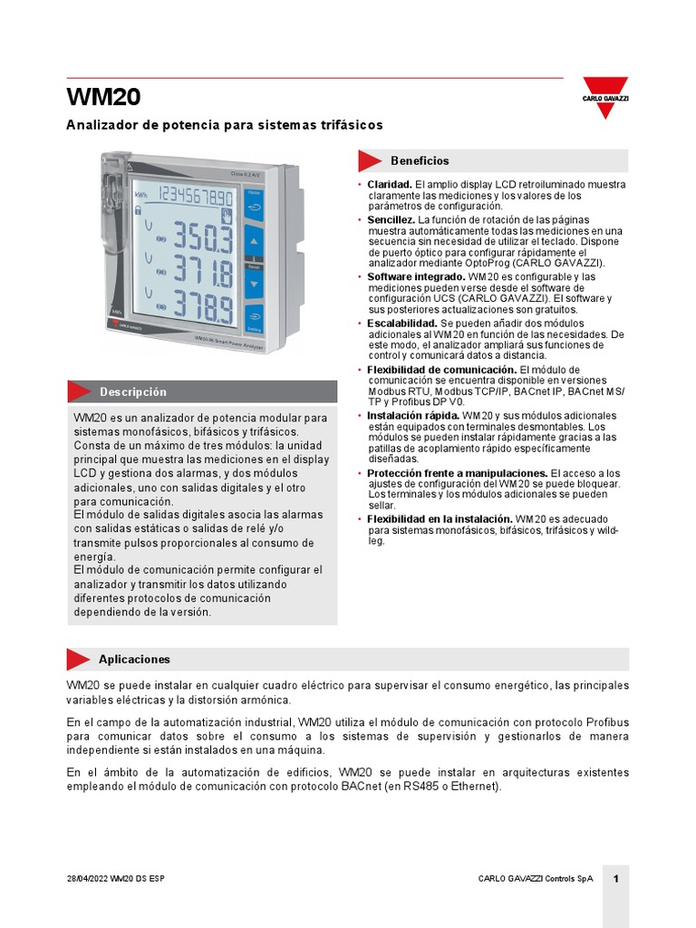 Analizador de Potencia WM20 Carlo Gavazzi | PDF | Corriente eléctrica | Protocolos de internet