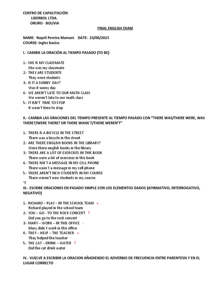 FINAL EXAM - BASIC ENGLISH Nayeli Pereira | PDF