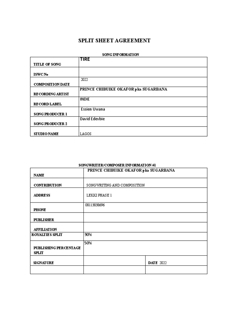Music Agreement and Split Sheet | PDF