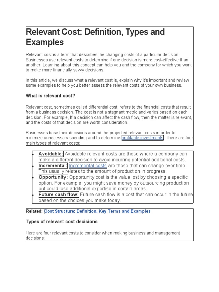 Relevant Cost Complete Pdf Cost Opportunity Cost