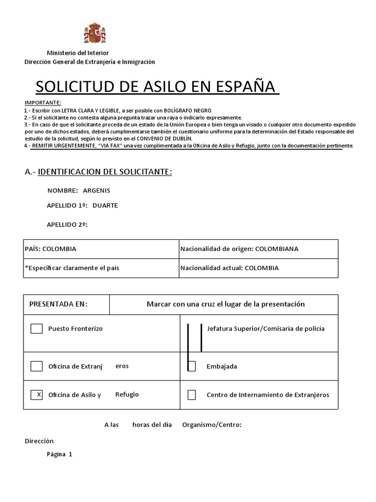1 Modelo-solicitud-Asilo-en-españa Argenis | PDF | Globalización Cultural | Gobierno