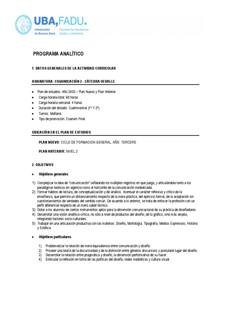DEVALLE COMUNICACION 2 Programa de Materia - 2020 | PDF | Diseño | Plan de estudios