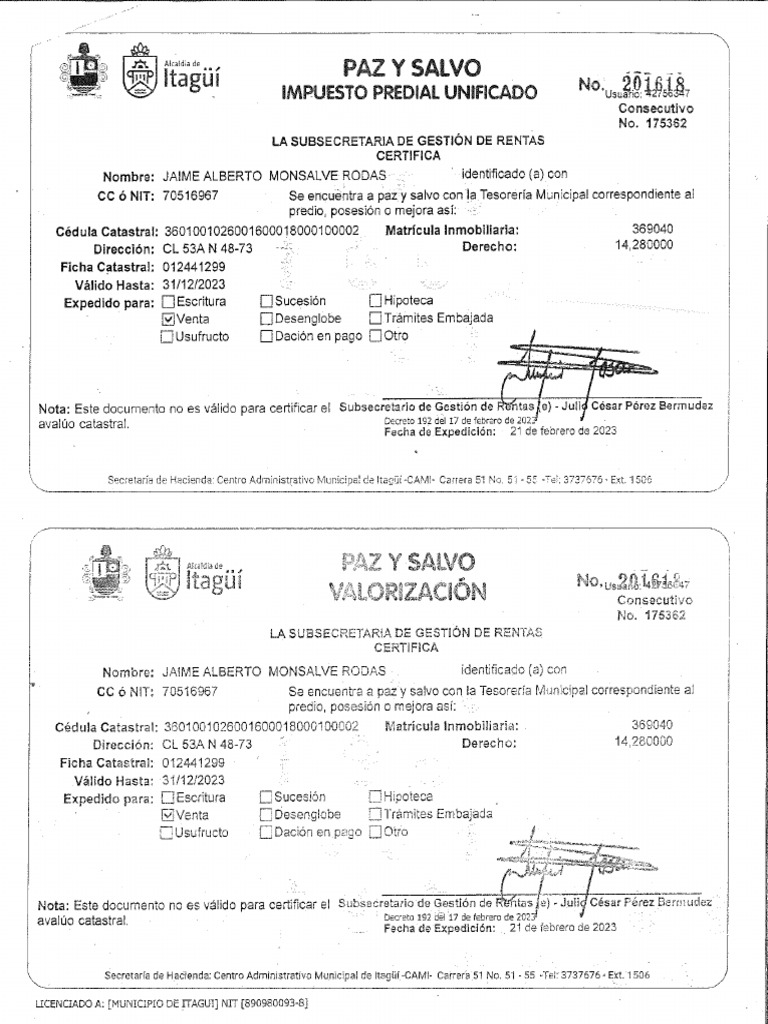 Paz Y Salvo Certificado De Libertad Pdf