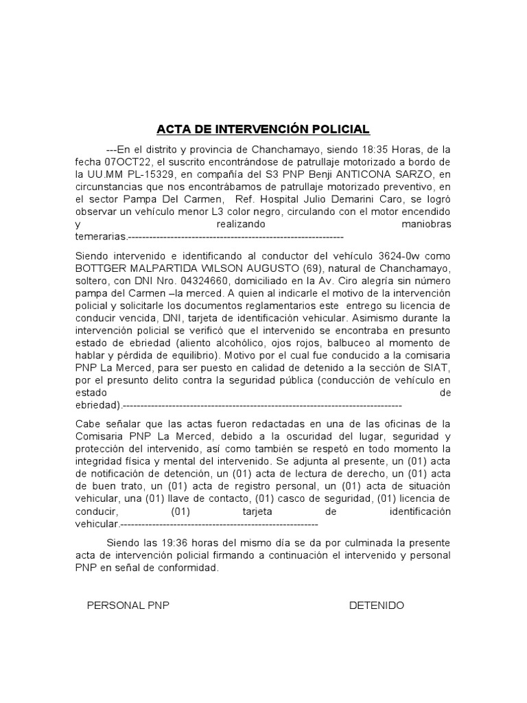 ACTA DE INTERVENCIÓN POLICIAL Peligro comunQQQQQQQQQQQQQQQQQQQQQQQQQQ | PDF