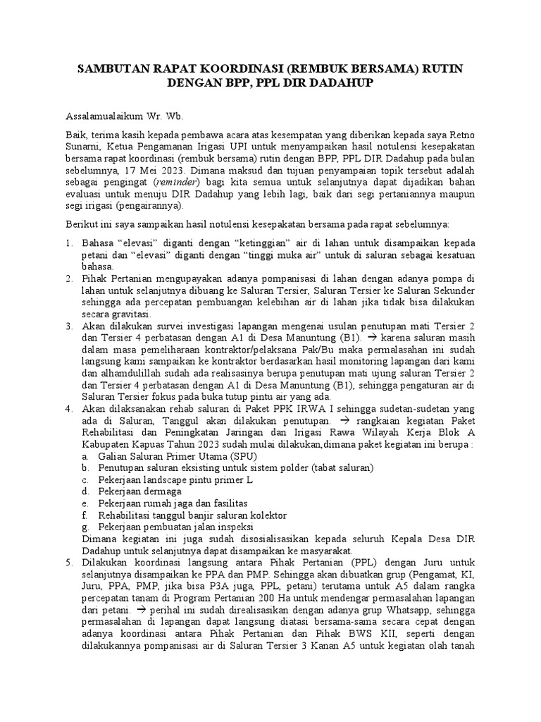 Contoh Sambutan Rapat Koordinasi | PDF