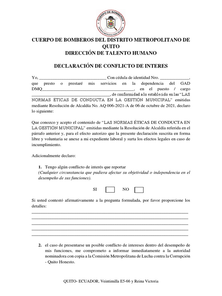 Declaracion de Conflicto de Intereses (Formulario) | PDF | Gobierno ...