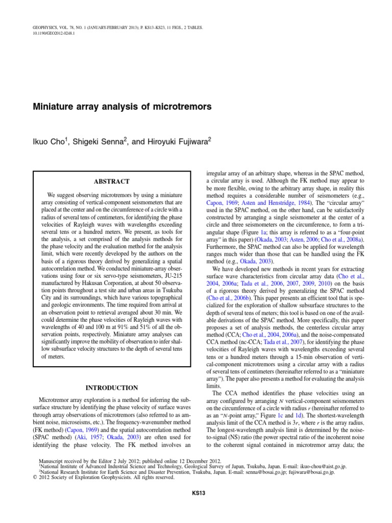 2013 - Miniature Array Analysis of Microtremors - Cho Et Al. | PDF ...
