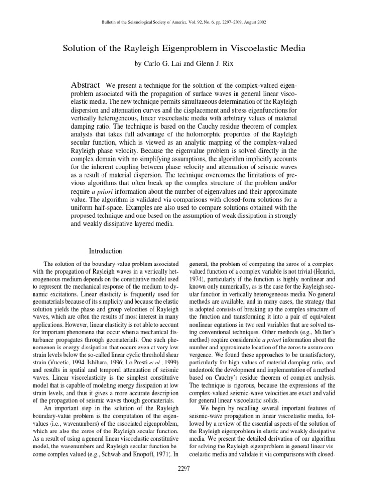 2002 - Solution of The Rayleigh Eigenproblem in Viscoelastic Media - Lai & Rix | PDF | Linear ...