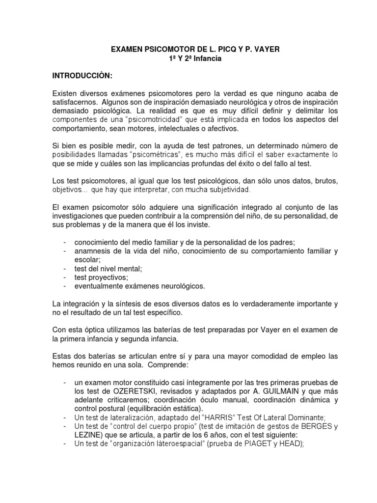 Examen Psicomotor de Picq Y Vayer | PDF | Rodilla | Mano