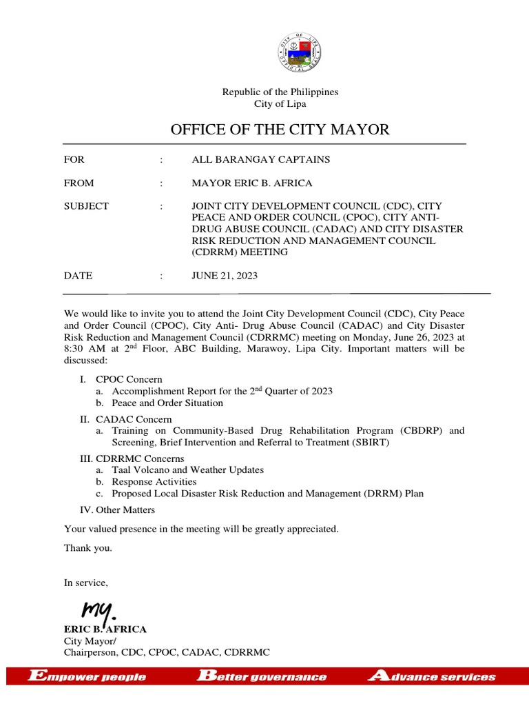Joint CDC Cpoc Cadac CDRRMC 2nd QTR Notice of Meeting | PDF