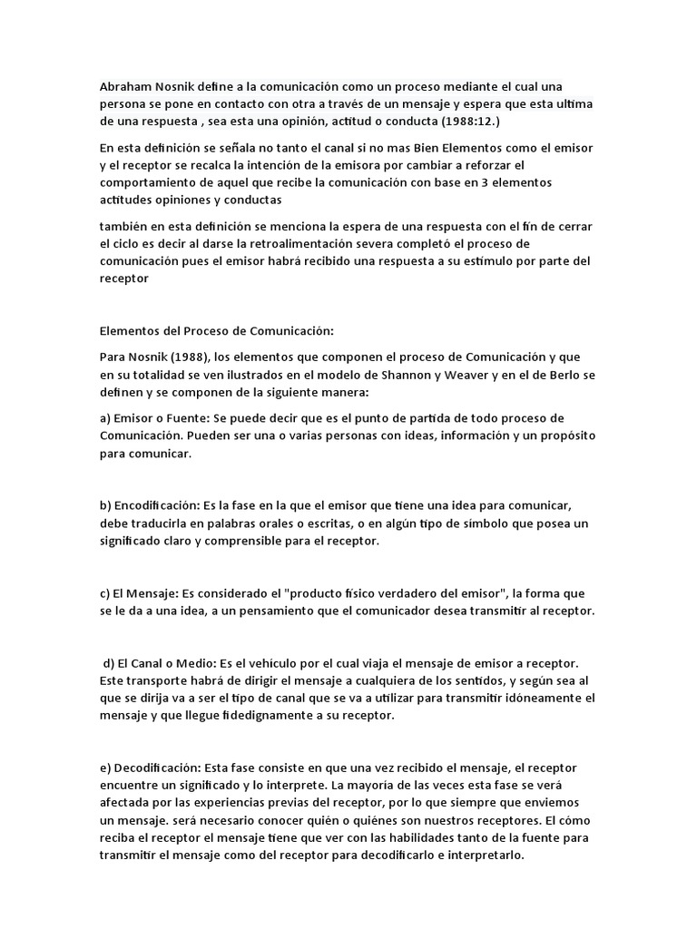 Definición de Comunicación por Nosnik | PDF | Comunicación | Cognición