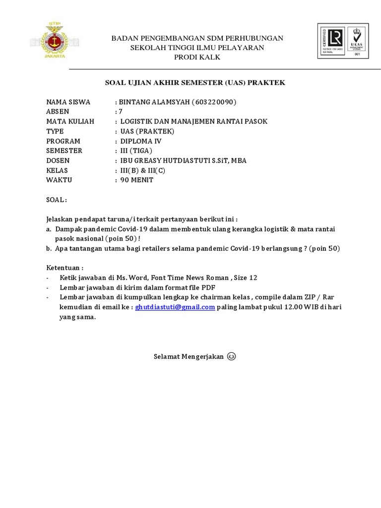 Uas Logistik & SCM (Praktek) Bintang Alamsyah | PDF