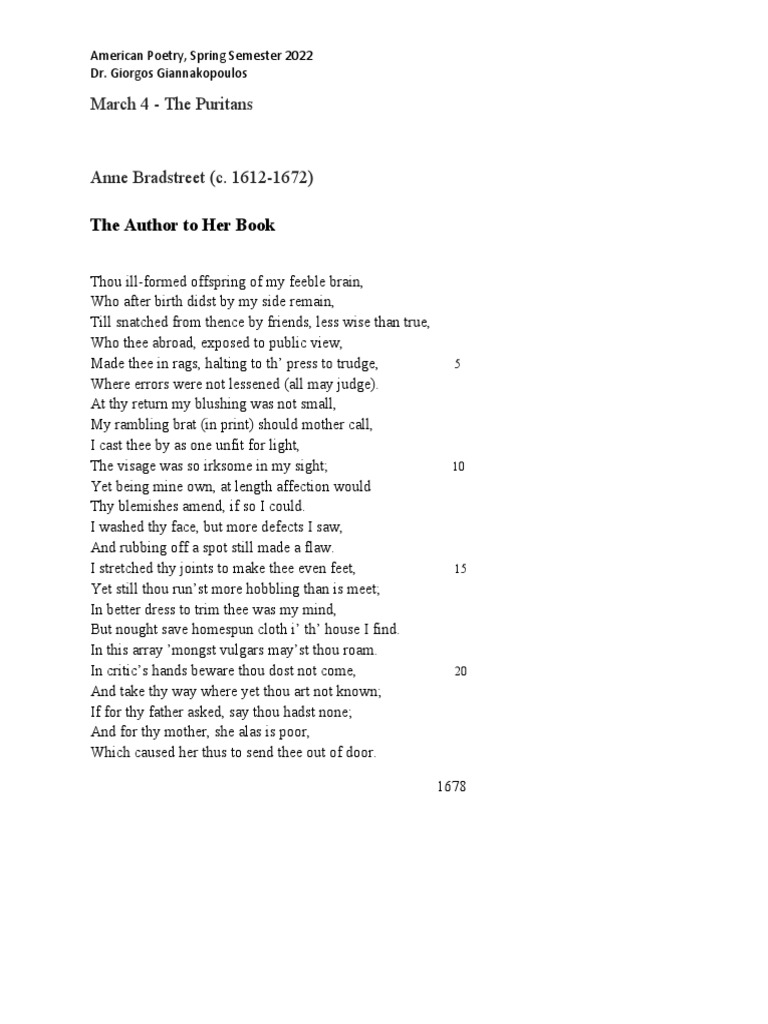 Anne Bradstreet The Author To Her Poem - Handout | PDF