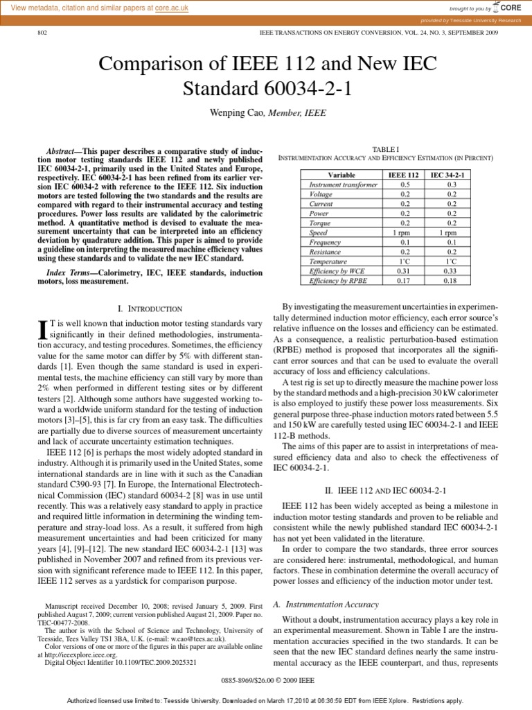 Comparison of IEEE 112 and New IEC Standard 60034-2-1: Wenping Cao, Member, IEEE | PDF ...