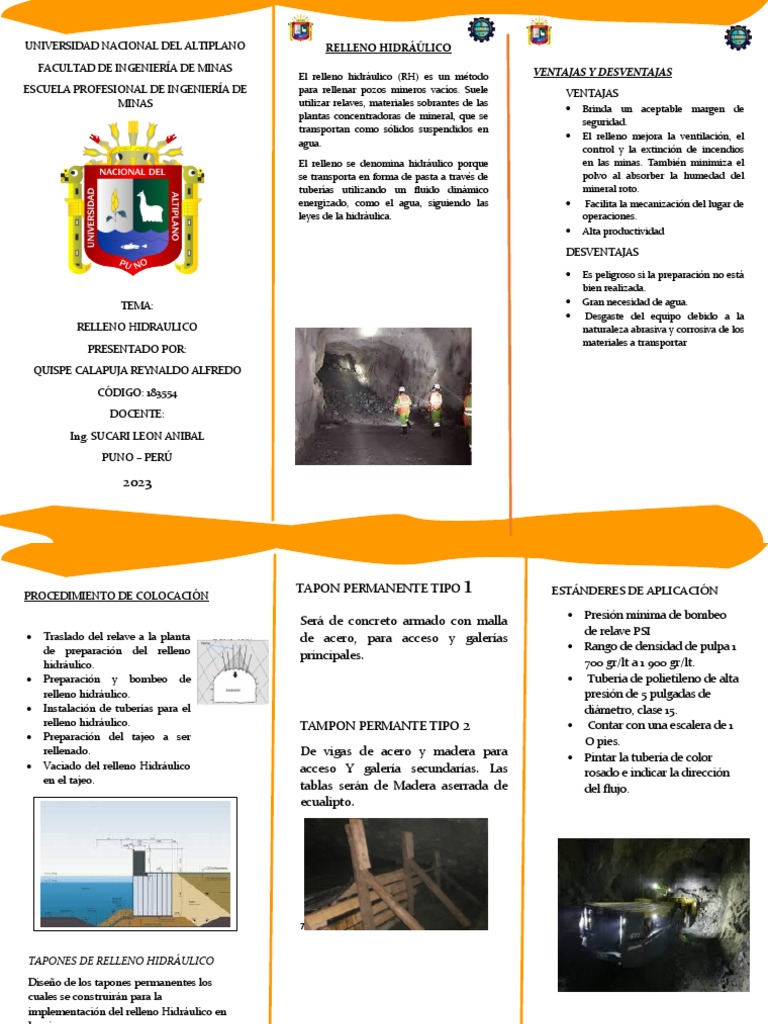 Actividad 11-Triptico Sobre Relleno Hidraulico | PDF | Tubería (transporte de fluidos) | Minería