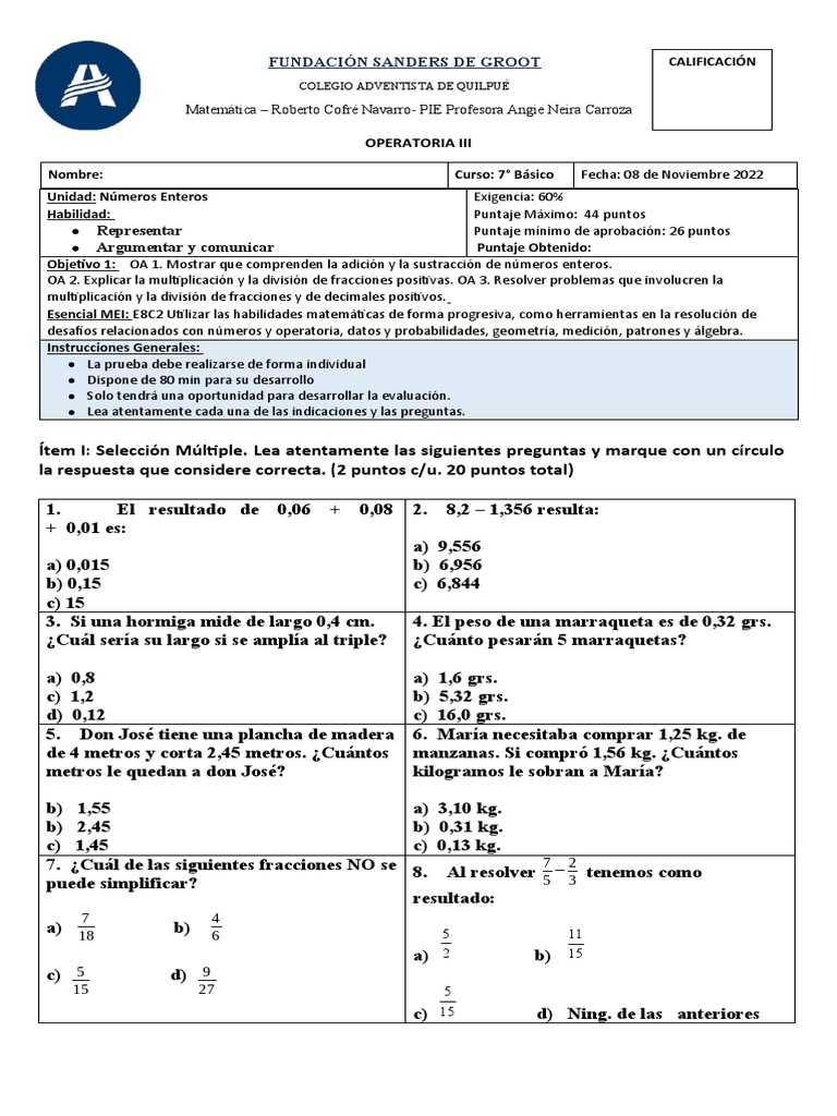 Prueba Números Enteros, Fracciones y Decimales 3 | PDF | Notación | Números